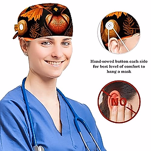 Happy Thanksgiving Acorns Bouffant Working Cap with Ribbon Tie for Women Long Hair, Scrub Surgical Hat, One Size Head Cover