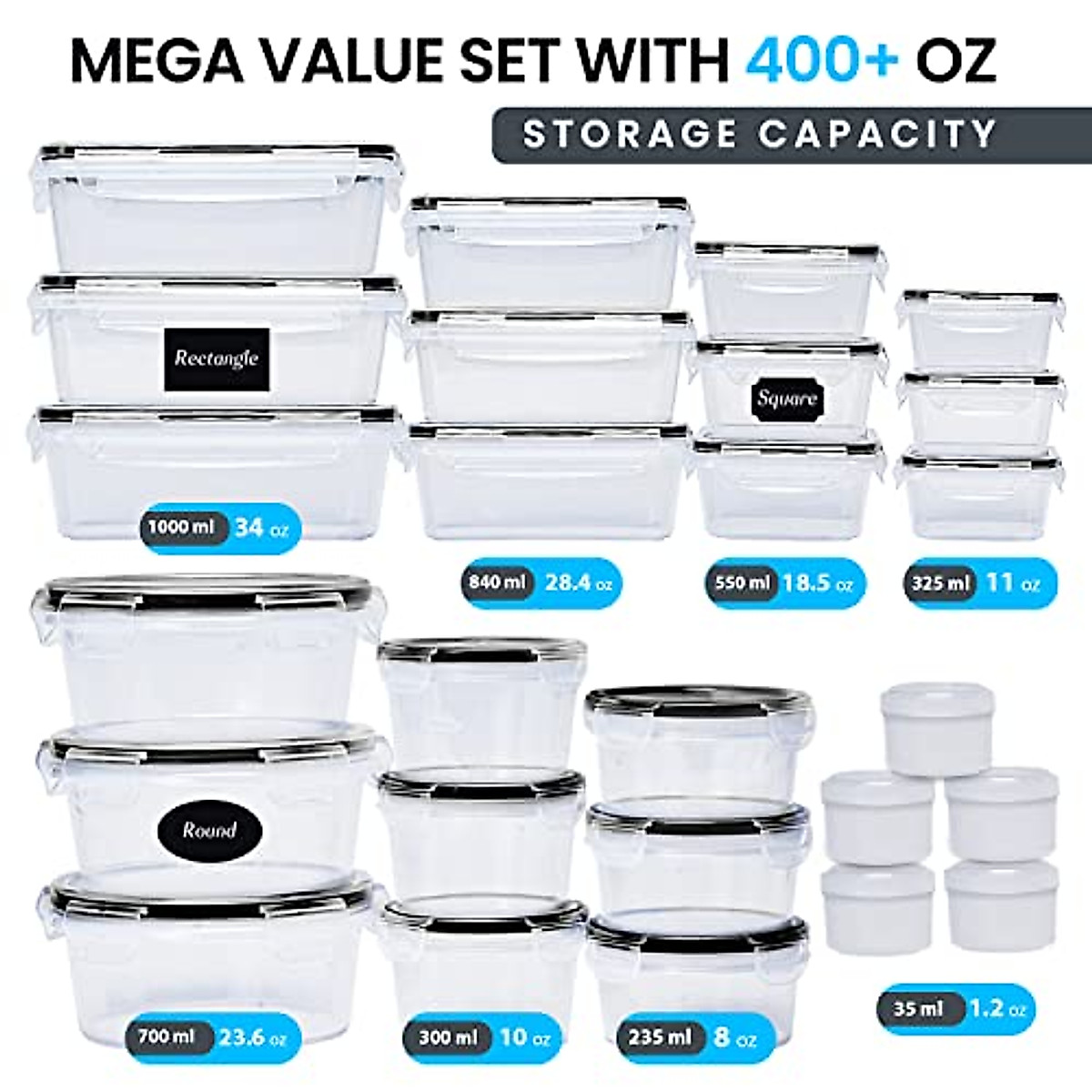 52 Pcs Food Storage Containers with Lids-(26 Stackable Clear Plastic Containers with 26 Lids) BPA-Free 100% Airtight Kitchen and Pantry Organization, Microwave, Dishwasher Safe with Labels & Marker