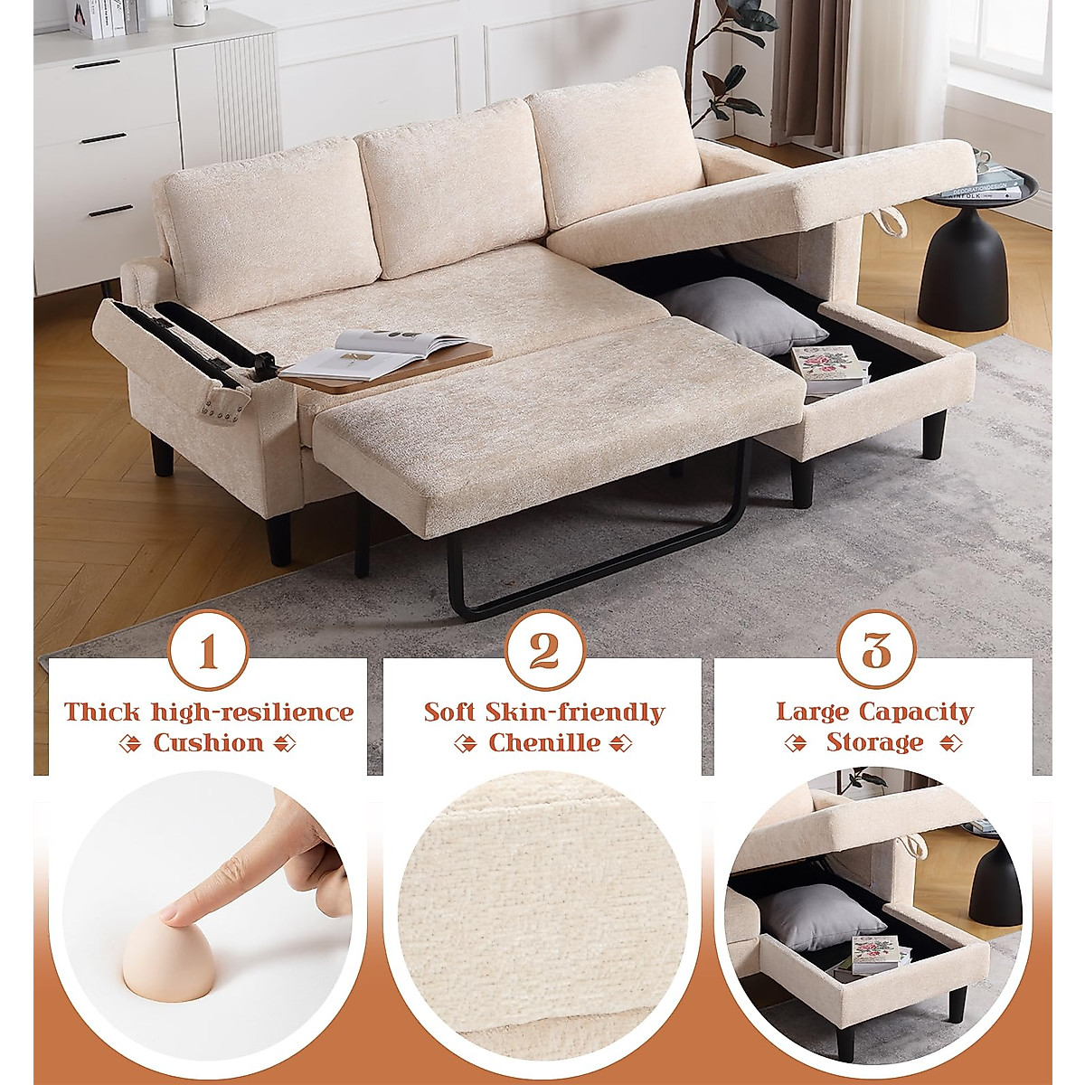 Sectional Couch with Pull Out Sofa Bed, Sleeper Sofa with Side Table and Storage Chaise, L Shape Sofa Bed Couch with Pocket, Convertible Couches for Living Room Bedroom Apartment, Beige