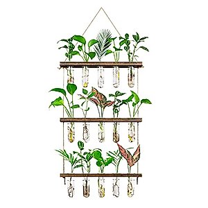 Monsiter QE 3 Tier Large Propagation Stations Wall Hanging Plant Terrarium with Wooden Stand, Retro Propagation Test Tube for Hydroponic Plants Cutting Flower, Propagator Home Office Patio Decor-Brown