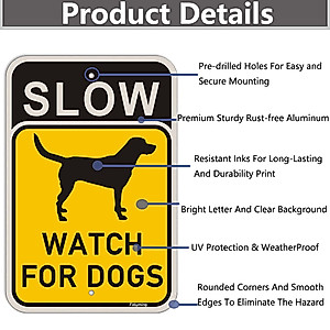 2 Pack Slow Watch For Dogs Sign 18 x 12 Inches Slow Down Dogs at Play Signs Metal Reflective Rust Aluminum Weatherproof UV Protected Easy Mounting Indoor Outdoor Use