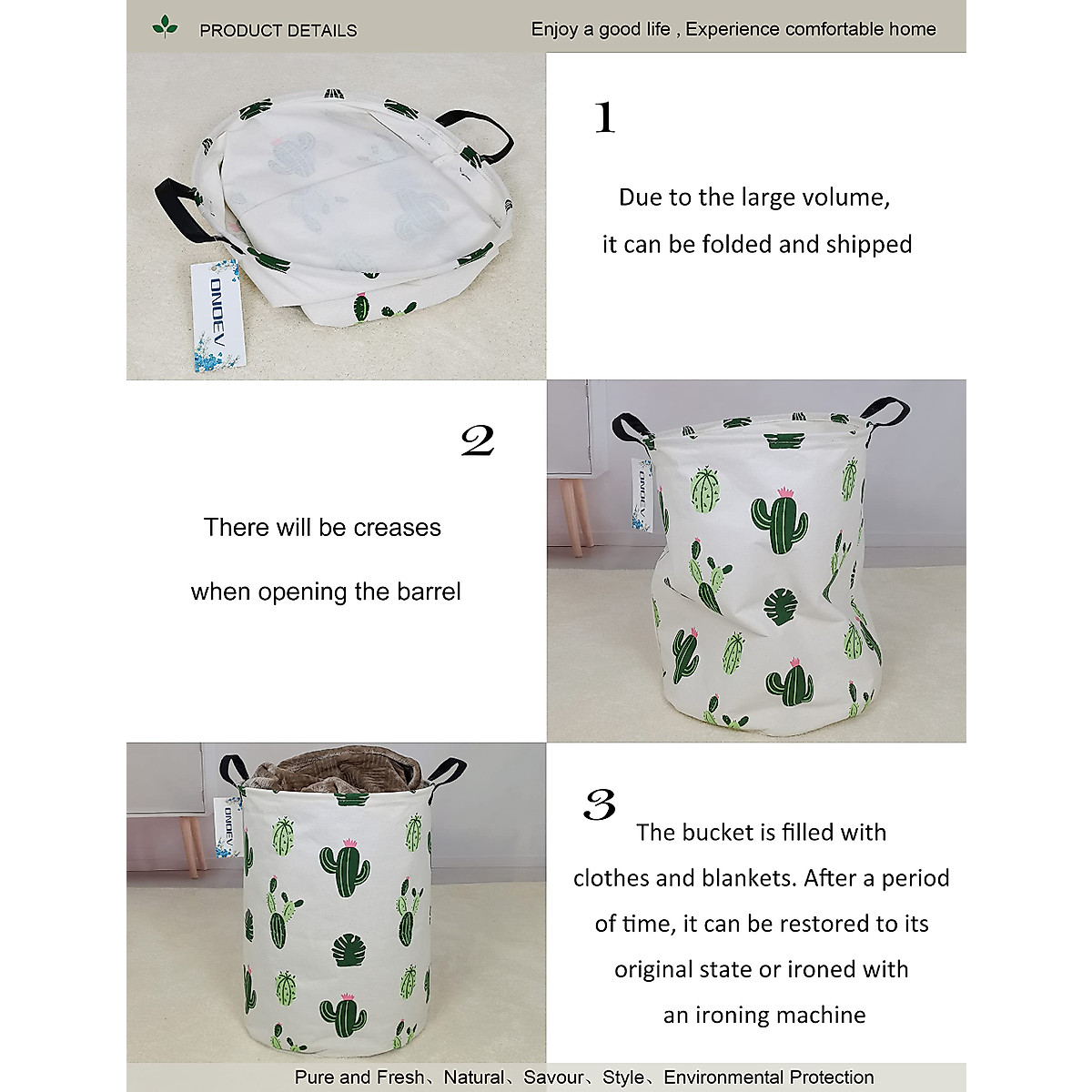 ONOEV Round Fabric Storage Bin,Decorative Basket,Organizer Basket with Handles,for Clothes Storage,books and sundries (Green Cactus), 19.7inch(H) x 15.7inch(D)