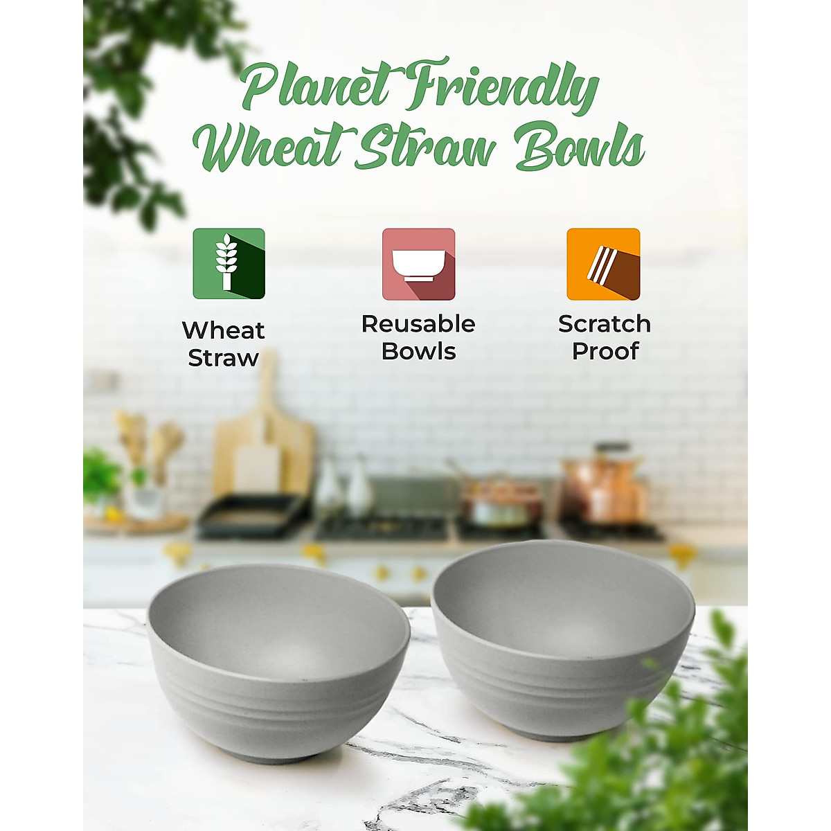 GREENDISH Wheat Straw Bowls Set, 4 Large Unbreakable Cereal Bowls, Microwave Safe Bowls for Kitchen - Dishwasher Safe Reusable Big Bowls for Eating Soup, Oatmeal - Microwavable Deep Bowls for Families
