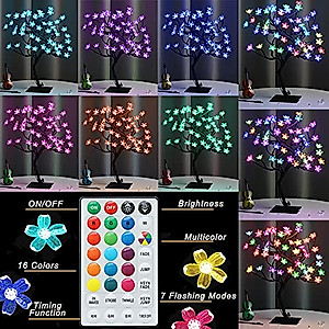 Pooqla 18 Inch 48 LED RGB Cherry Blossom Tree Light with Remote 16 Color-Changing LED Artificial Flower Bonsai Tree Table Top Lamp Home Lit Tree Centerpieces Christmas Mother's Day Gift Decoration