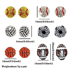 6 Pair Upgrade Unique Rhinestone Stud Earrings Cute Basketball Volleyball Baseball Football Rugby Shiny Crystal Sport Earrings for Women Gift-6pairs