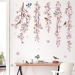 decalmile Cherry Blossom Flower Vine Wall Decals Hanging Floral Tree Branch Birds Wall Stickers Living Room Bedroom Office Wall Decor