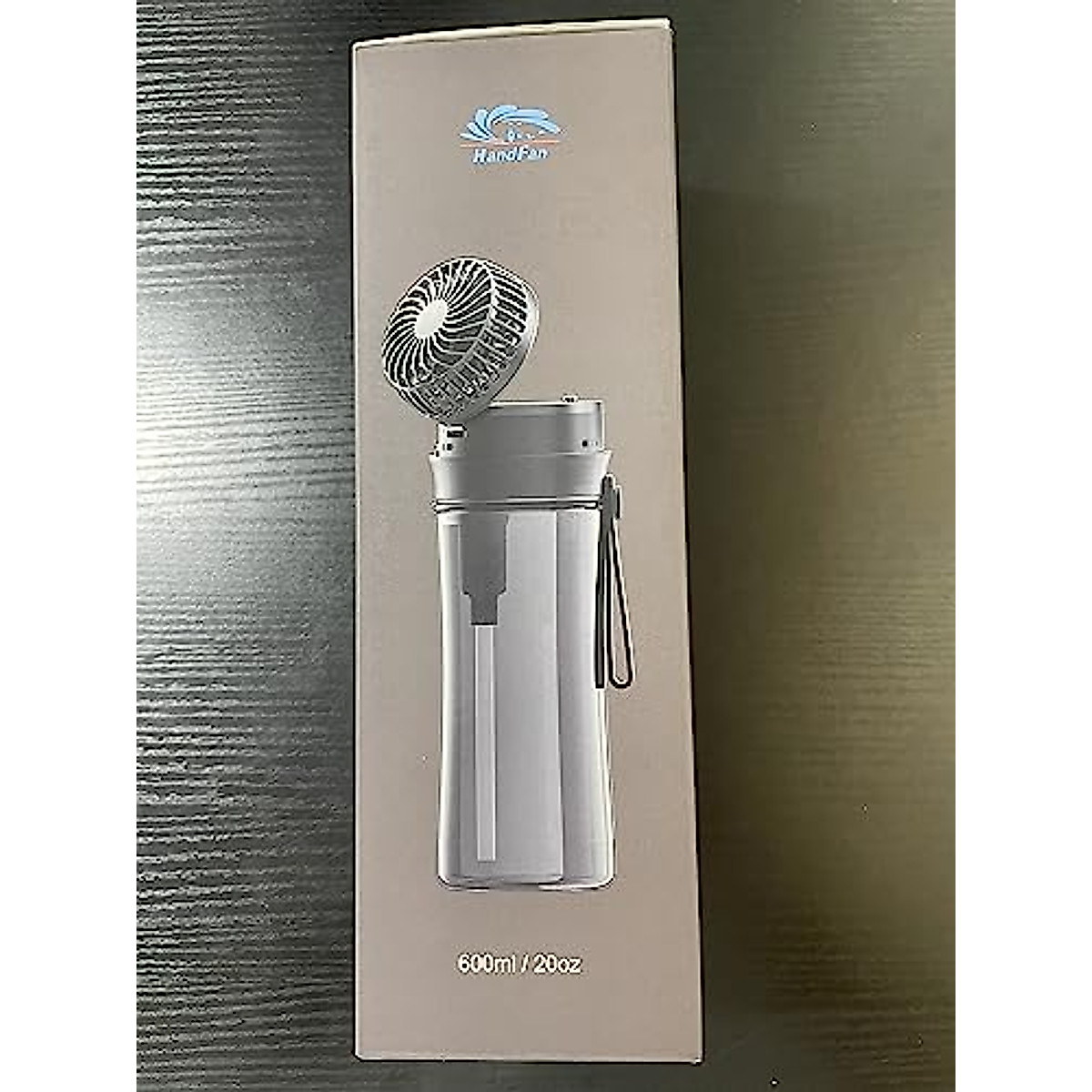 HandFan Bottle - 20 oz, 2 Lids (Straw Lids), Leak Proof - Fitness Water Bottles and Flasks with Cooling Handheld Fan for Men, Women and Children - Valentine's Day Gift for Men or Women - Blue