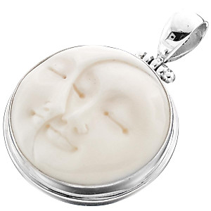 FifiRose Hand Carving Crescent Moon Sun Duo Bison Bone 925 Sterling Silver Pendant, 1 9/16"