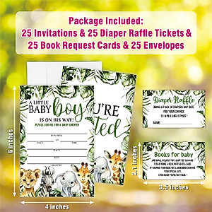 Baby Boy Baby Shower Invitation Set - Greenery Animals Theme - 25 Invites & Envelopes，25 Dipaer Raffle Tickets & 25 Book Request Cards - Gender Reveal Party Supplies -TZ-A06