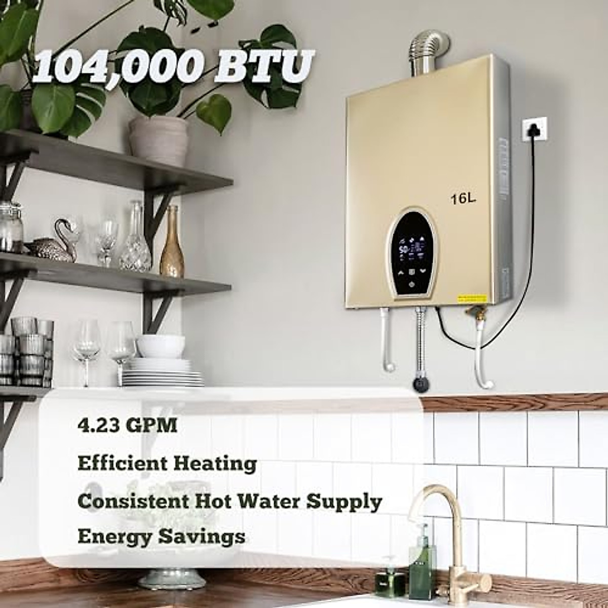 TCFUNDY 16L Tankless Water Heater Natural Gas, 4.23 GPM On-Demand Instant Hot Water Heater, 104000BTU Indoor Whole House Gas Water Heater, Digital Display & Touch Screen, Thermostatic & Energy Saving