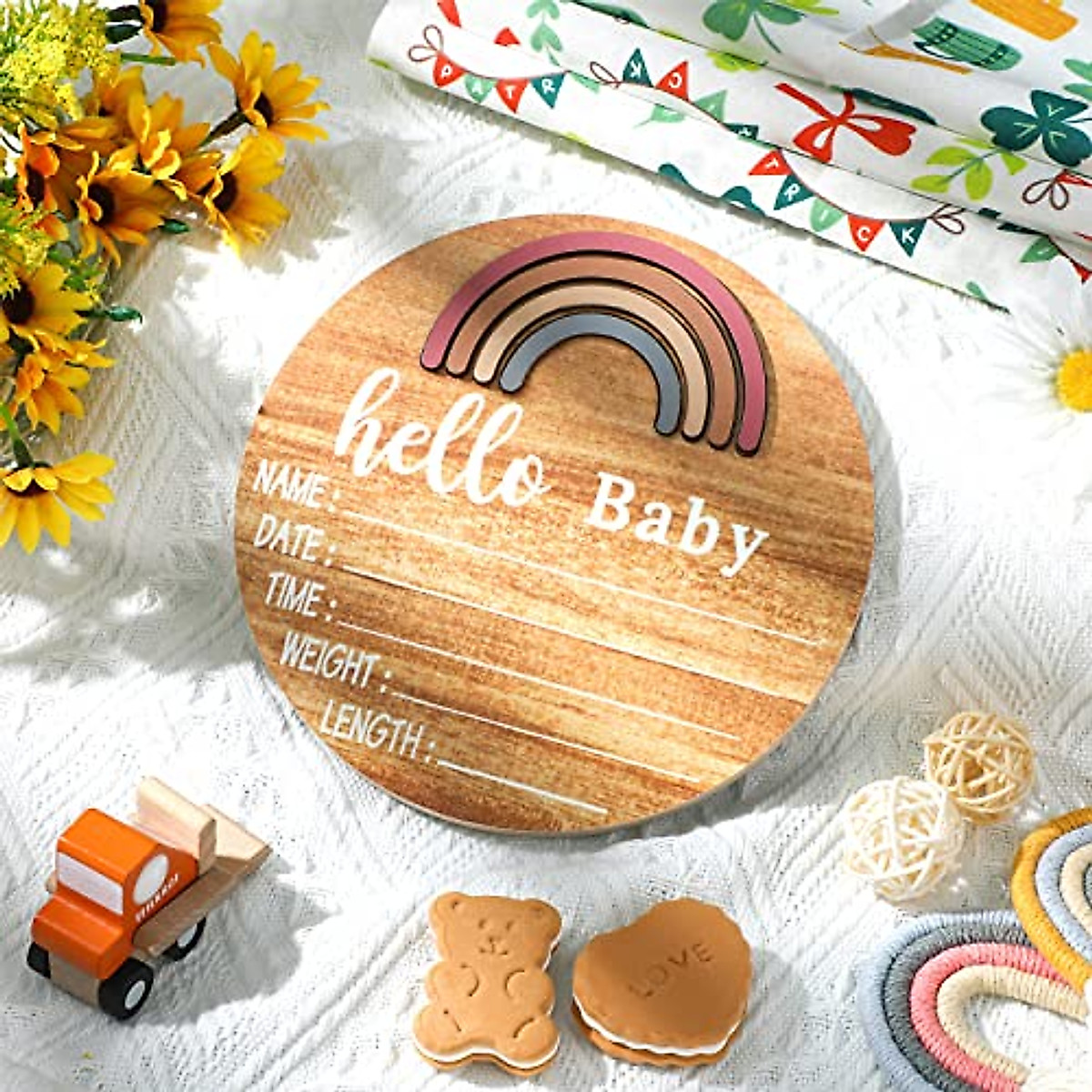 Wooden Baby Birth Announcement Sign Rainbow Baby Name Sign with Marker Pen Baby Arrival Sign Welcome Newborn Sign for Hospital Photo Prop Baby Shower Nursery Gift