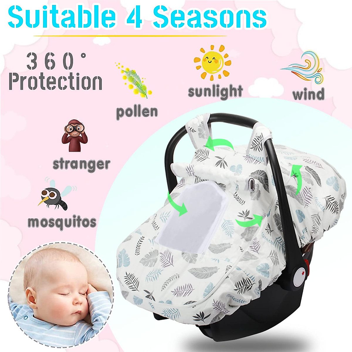 Baby Car Seat Canopy, Breathable Car Seat Covers for Boys Girls with 3D Minky, Thick Infant Car Canopy for Spring Summer Autumn Winter, Kick-Proof Universal Fit, Snug Warm (Leaf)