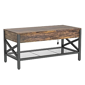 Aheaplus Coffee Table, Lift Top Coffee Table with LED Light and Power Outlet, Modern Lift-Top Center Table with Storage Shelf, for Living Room with Lift Tabletop, X Support Metal Frame, Rustic Brown