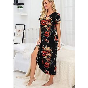 PrinStory Womens Long Nightgown Short Sleeve Nightshirt V-Neck Soft Loungewear Casual Sleepwear With Pockets FP-Brown Black-Large