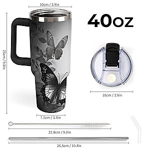 Black Gray Butterflies Insulated Stainless Steel Travel Mug, 40 Oz Tumbler with Handle And Straw Double-Wall Vacuum Coffee Cup, Leak-Proof Lid, Keeps Drinks Hot/Cold for Hours
