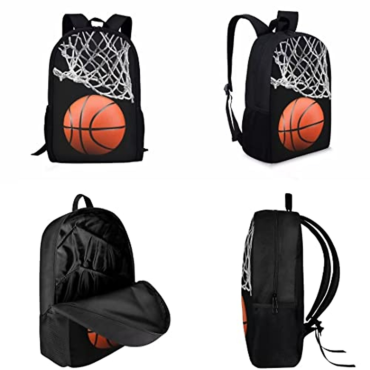 AmzPrint 3 In 1 Basketball Backpack Set For Boys Elementary School 17 Inch Black Student Backpack Lunch Box And Pencil Bag Set