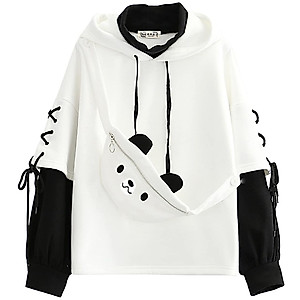 EMILYLE Womens Girls Brown Bear Hoodie Long Sleeve Sweatshirts Cute Pattern Print Kawaii Patchwork Shirts(white-1,XL)