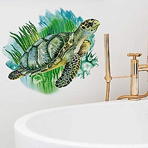 ROFARSO Lifelike Lovely Cute Green Sea Turtle Animal 3D Vinyl Bathroom Wall Stickers Removable Wall Decals Art Decorations Decor for Nursery Baby Bedroom Playroom Living Room Murals