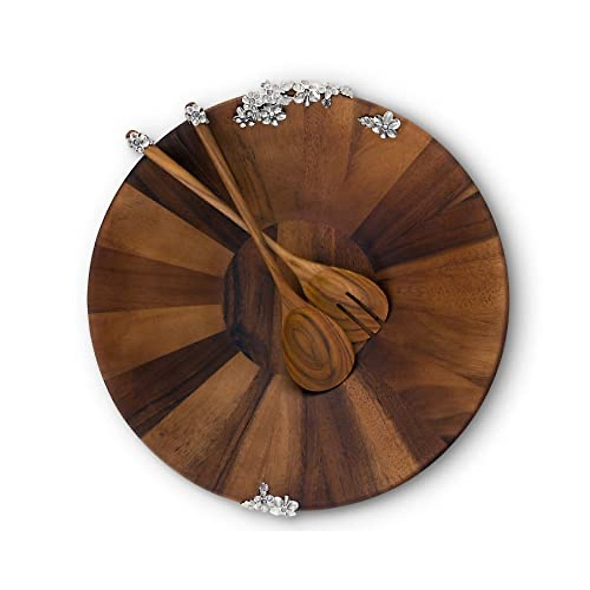 Vagabond House Wood Salad Bowl and Servers Lilacs Pattern 16 inch Diameter 4.5 inch Tall