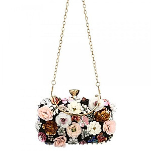 Sequins Floral Handbag Rose Nude Clutch Purses and Handbags for Women Wedding Prom Banquet Party 3D Sequins Evening Handbag (Black-1)