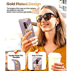 LeYi for Galaxy S9 Plus Phone Case: 360° Rotatable Ring Holder Magnetic Kickstand [ Not Applicable Samsung S9 ], Plating Rose Gold Edge Protective Case, Purple