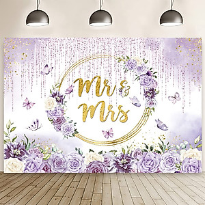 MEHOFOND 7x5ft Mr and Mrs Violet Wedding Backdrop for Bridal Shower Purple Flowers Dripping Glitter Photography Background Gold Geometric Couple Wedding Party Decor Bride to Be Engagement Banner Prop