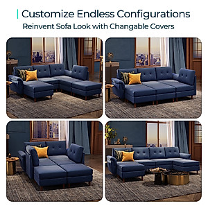 LINSY HOME Modular Sectional Sofa, Velvet Sectional Sofa Couch with Memory Foam, U Shape 6 Seat Modular Sectionals with Ottomans, Sleeper Sofa Couches with Chaise for Living Room, Blue