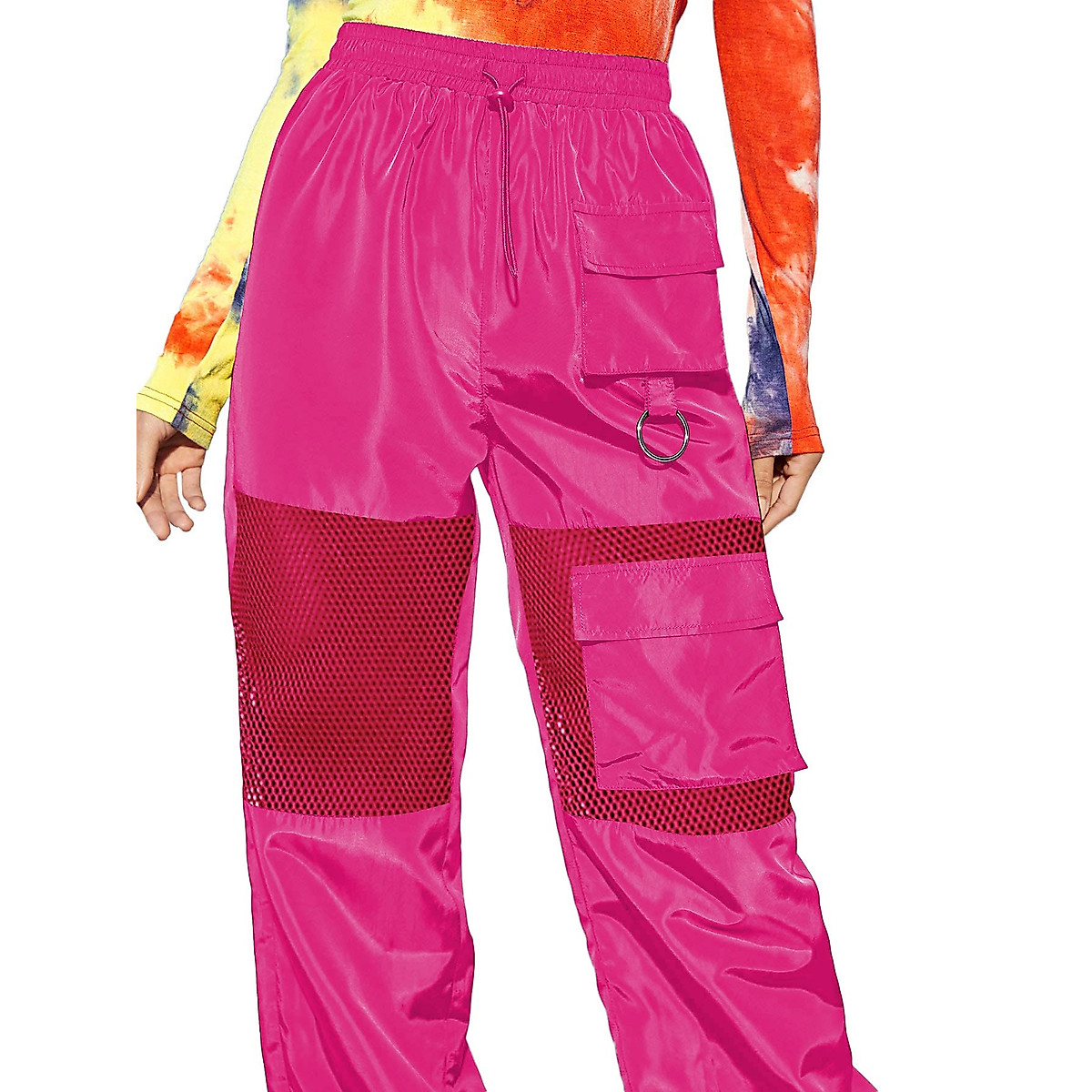 Floerns Women's High Waisted Sporty Drawstring Mesh Paneled Cargo Pants Hot Pink M