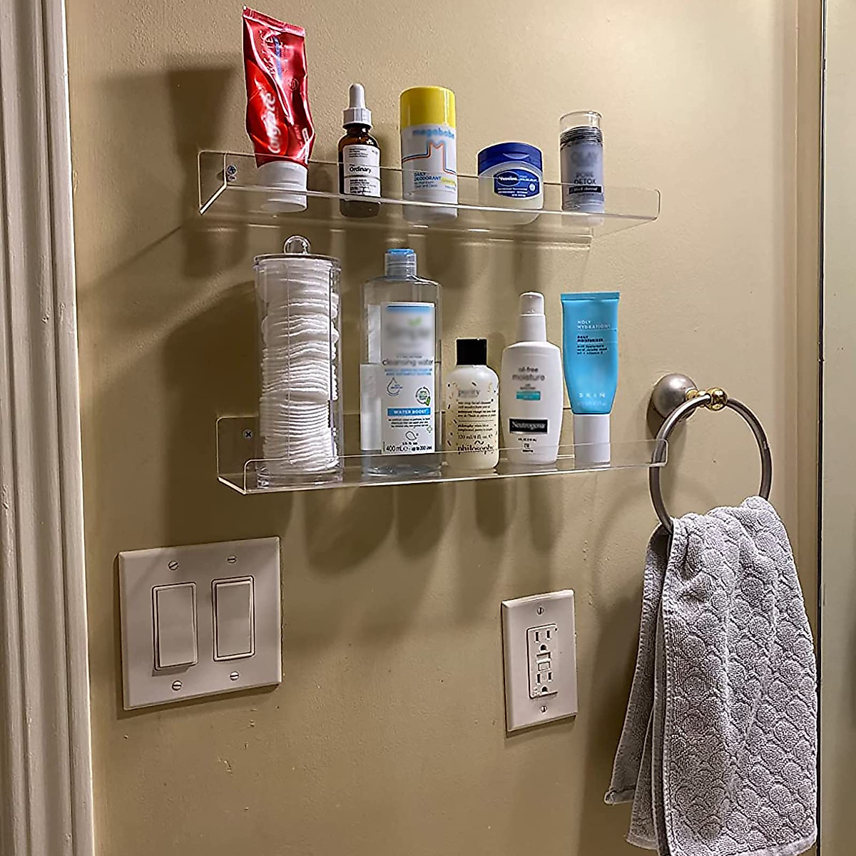 WANLIAN 2 Pack Acrylic Floating Shelves, Clear Wall Mounted Floating Shelf, 12 Inch Acrylic Shelves, for Bathroom, Bedroom, Living Room, Office, Kitchen Spice Rack Picture Ledge Shelf