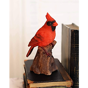 Ebros Gift Realistic Hand Painted Red Cardinal Bird Perching On Tree Stump Guest Greeter with Built in Motion Activated Sensor Chirping Sound Statue 6.5" Tall Taxidermy Home and Garden Sculpture