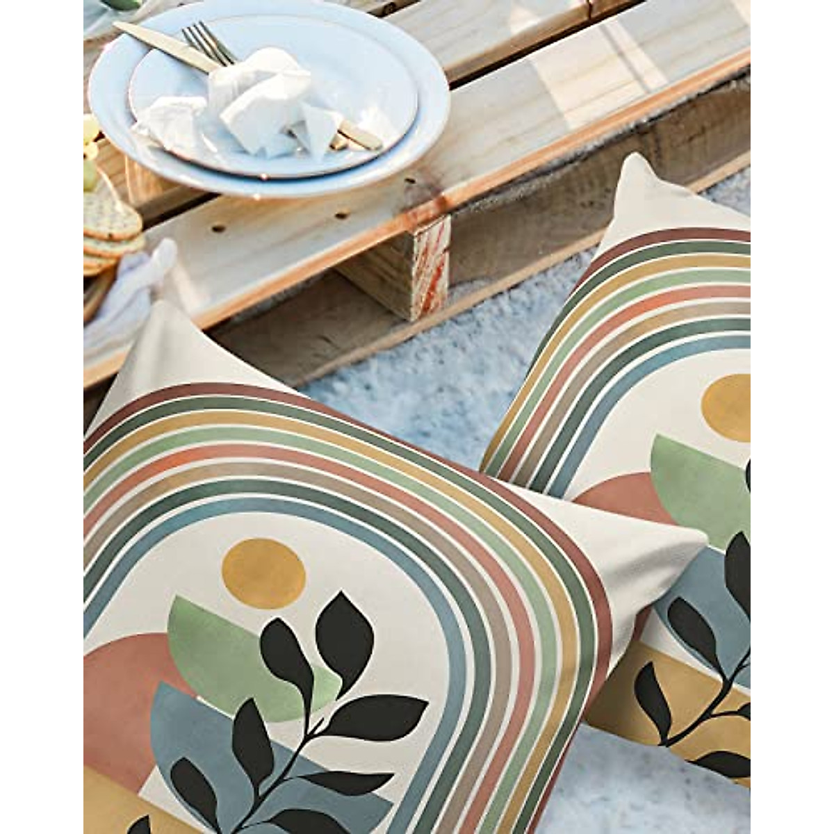 Outdoor Pillow Covers Waterproof, Boho Geometry Throw Pillowcase Decorative Cover, Rainbow Striped Middle Century Northern Europe Garden Cushion Case Set of 2 for Sofa, Couch, Tent, Patio 16"x16"