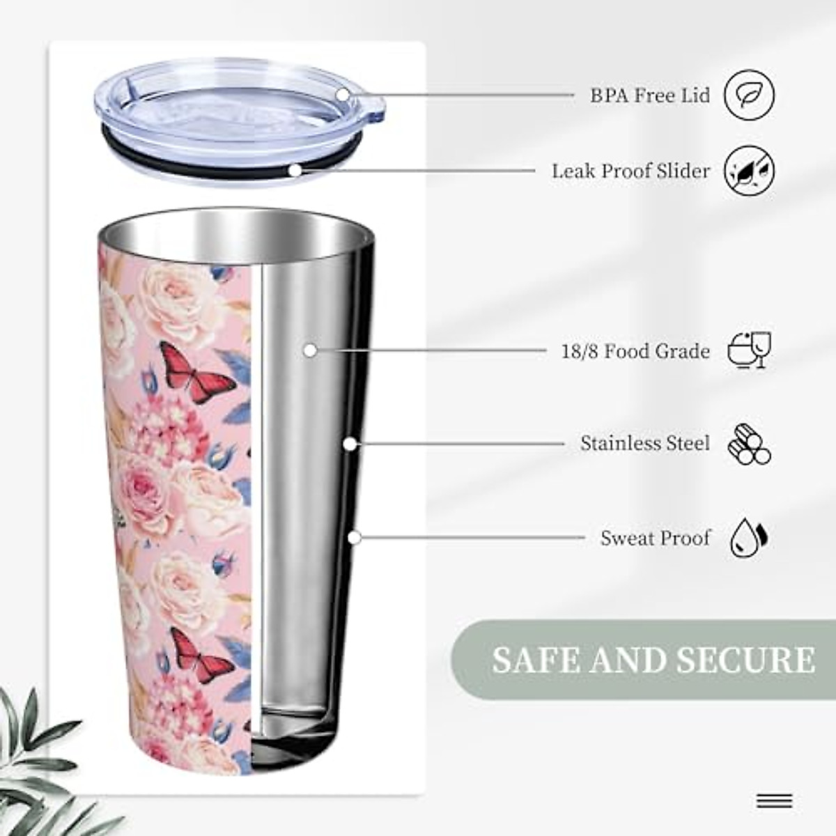 Yaxongx 20oz Tumbler Roses Design Double Wall Vacuum Insulated Coffee Mug with Lid and Metal Straw Brush Reusable Stainless Steel Water Bottle Travel Cup Gifts for Car Ice Drinks Hot Beverage