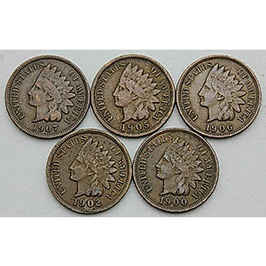 Vintage Indian Head Penny Collection - Starter Kit - Set of 5 U.S. Coins - Old Pennies - All Over 100+ Years Old - All Full Readable Dates