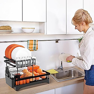 Large Dish Drying Rack for Kitchen Counter, 2 Tier Stainless Steel Kitchen Dish Rack Drainer Black,Countertop Dish Dryer Rack with Drainboard,Utensil Holder,Cups Holder,Large Capacity(16.5*11.8*13 IN)