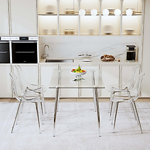 Ufurpie 5 Piece Dining Room Table Set, 51" Glass Kitchen Table & 4 Clear Chairs,Clear Dining Table Sets w/Chrome Legs, Pre Assembled Modern Glass Dining Table Set for 4(Silver)