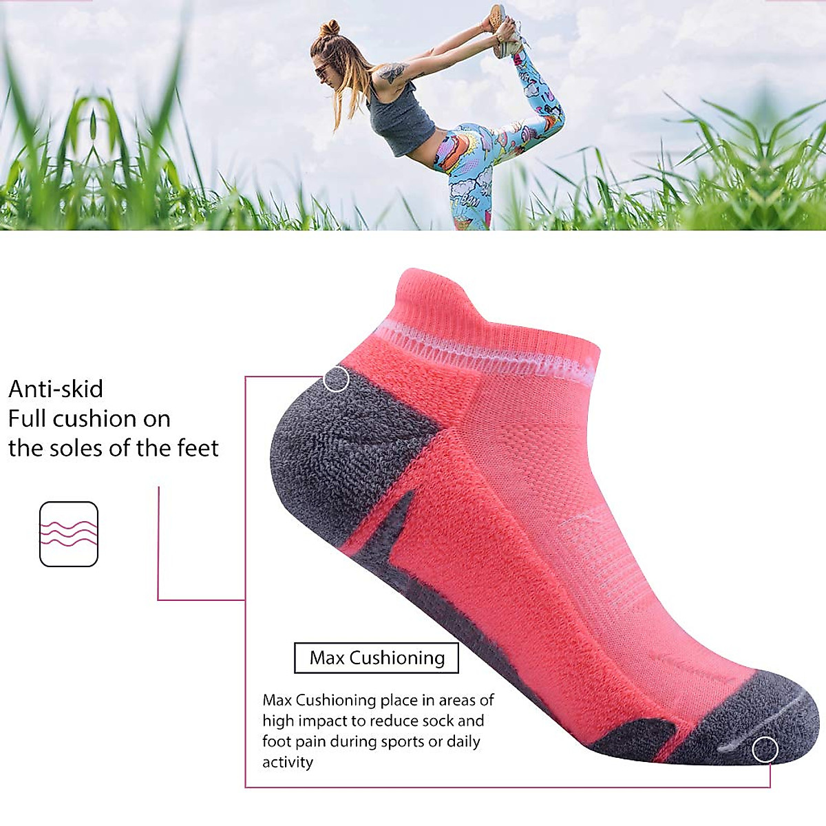 JOYNÉE Womens Athletic Ankle Sports Running Low Cut Tab Cushioned Socks 6 Pack,Multicoloured,Sock Size 9-11