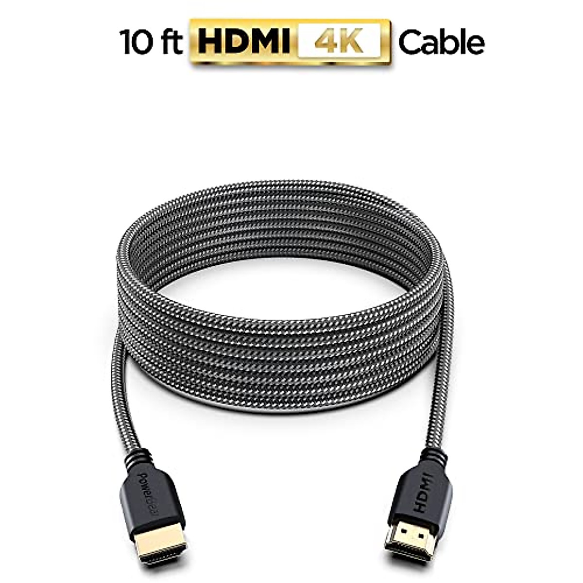PowerBear 4K HDMI Cable 10 ft | High Speed Hdmi Cables, Braided Nylon & Gold Connectors, 4K @ 60Hz, Ultra HD, 2K, 1080P, ARC & CL3 Rated | for Laptop, Monitor, PS5, PS4, Xbox One, Fire TV, & More