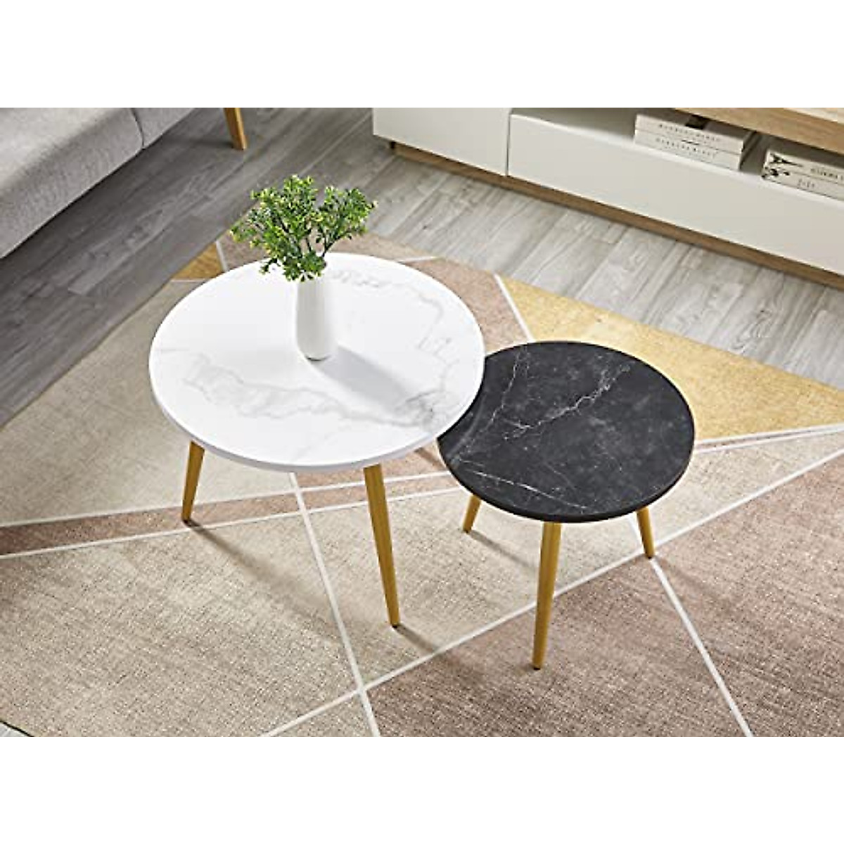 Ball & Cast Nesting End Coffee Table Set of 2, 23.6"&17.75" Dia-Tapered Leg, White/Black