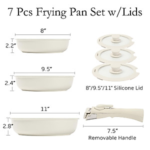 ESLITE LIFE Nonstick Skillet Set with Lids & Detachable Handle, Healthy Granite Coating Egg Omelette Pan,Stackable Cookware for Campers,Oven Safe,PFOA Free (White, 7 Pcs Skillet Set)