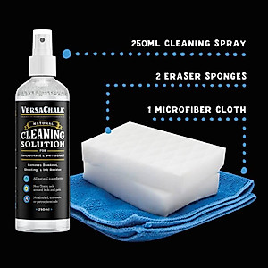 100% Natural Chalkboard Cleaner Spray and Eraser Kit by VersaChalk (250 mL) - Remove Liquid Chalk Marker Ink from Chalk Board Signs, Whiteboard, Dry Erase Marker Board, and Blackboard