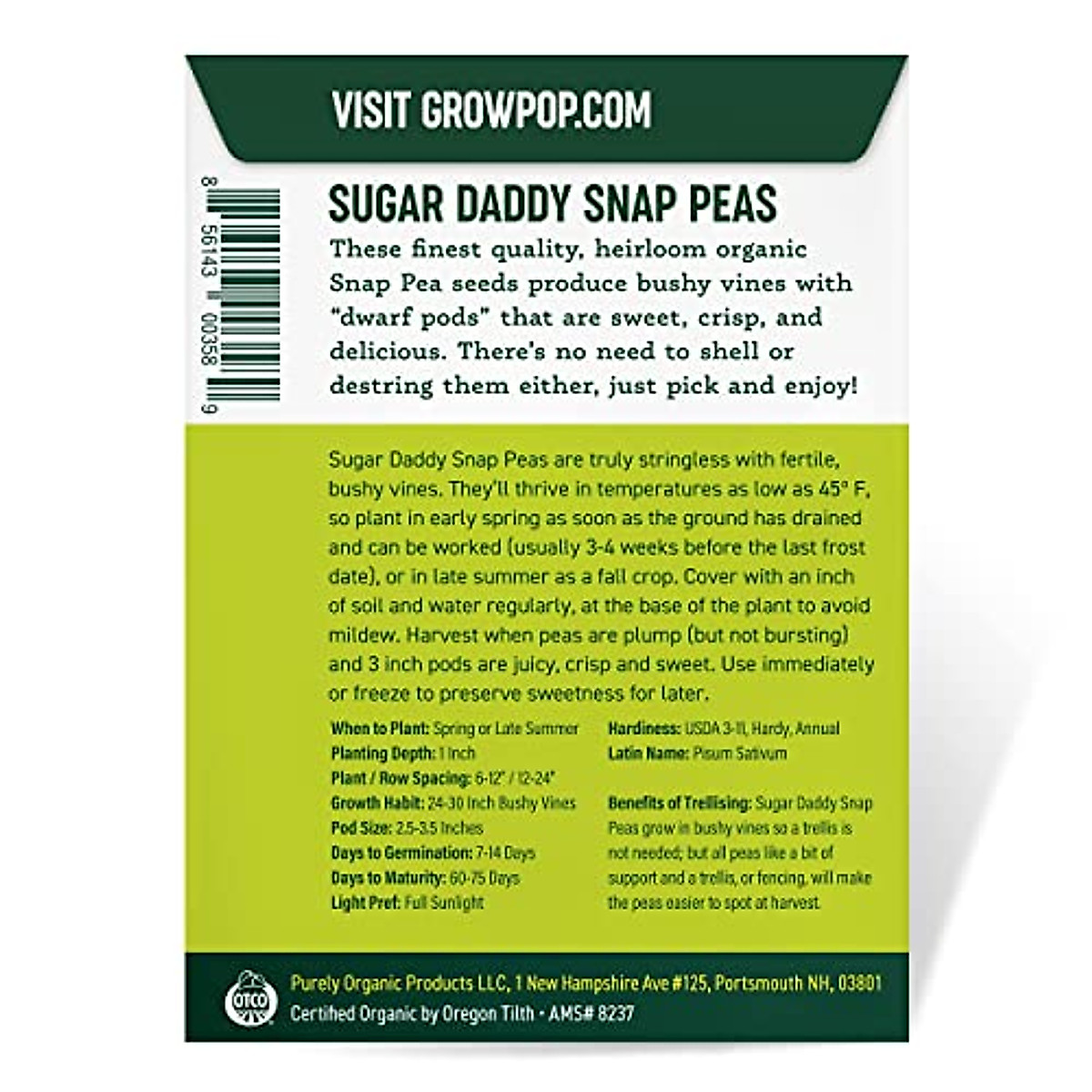 Purely Organic Products Purely Organic Heirloom Snap Pea Seeds (Sugar Daddy) - Approx 90 Seeds