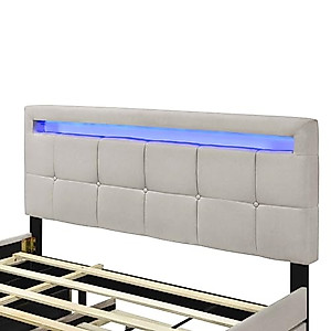 ATY Upholstered Queen Size Bed with Twin-XL Trundle and Two Drawers, Linen Fabric Platform Bedframe w/Lighting& Button Tufted Headboard, Save Space, 86.6" L X 64.6" W X 43.7" H, Beige