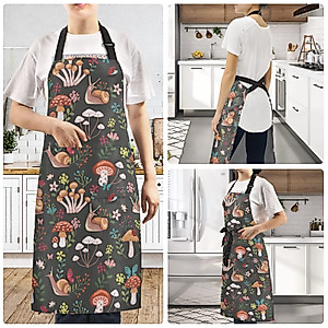 linqin Mushroom with Snails Aprons for Women Men Adjustable Bib Kitchen Chef Apron with 2 Pockets Long Ties for Cooking, BBQ