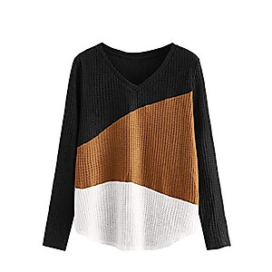 Floerns Women's Plus Size Waffle Knit Shirt Casual Colorblock Long Sleeve V Neck Pullovers Tops Multi 0XL