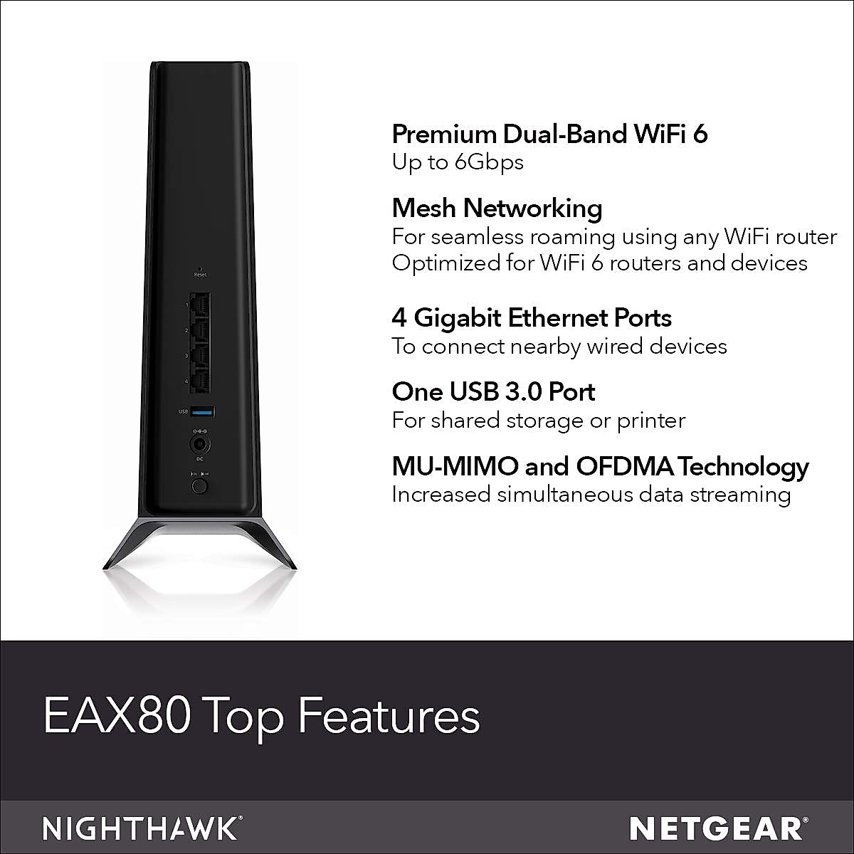 NETGEAR Nighthawk WiFi 6 Mesh Range Extender EAX80 - Add up to 2,500 sq. ft. and 30+ devices with AX6000 Dual-Band Wireless Signal Booster & Repeater (up to 6Gbps speed), plus Smart Roaming