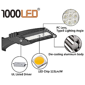 1000LED LED Shoebox Pole Light, 60W (200W Eq.) 8,765Lm, AC110-277V, Arm Mount, Daylight White 5000K, LED Parking Lot Light Outdoor Area Light