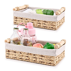 Small Baskets for Organizing,Decorative Water Hyacinth Wicker Storage Basket for Shelves,Toilet Paper Storage Baskets for Bathroom,Living Room,Entryway,Set of 2(Color:Wood)