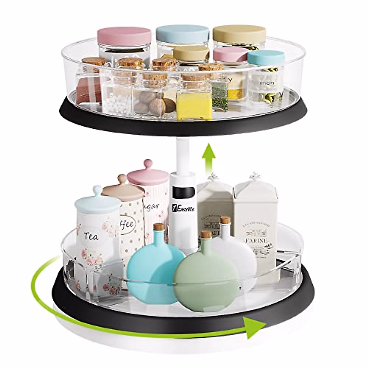 2-Tier Lazy Susan Turntable and Height Adjustable Cabinet Organizer with 1x Large Bin and 3 x Divided Bins, Removable, Clear Spice Rack Organizer for Cabinet, Pantry, Kitchen (2 Tier w/Bins)