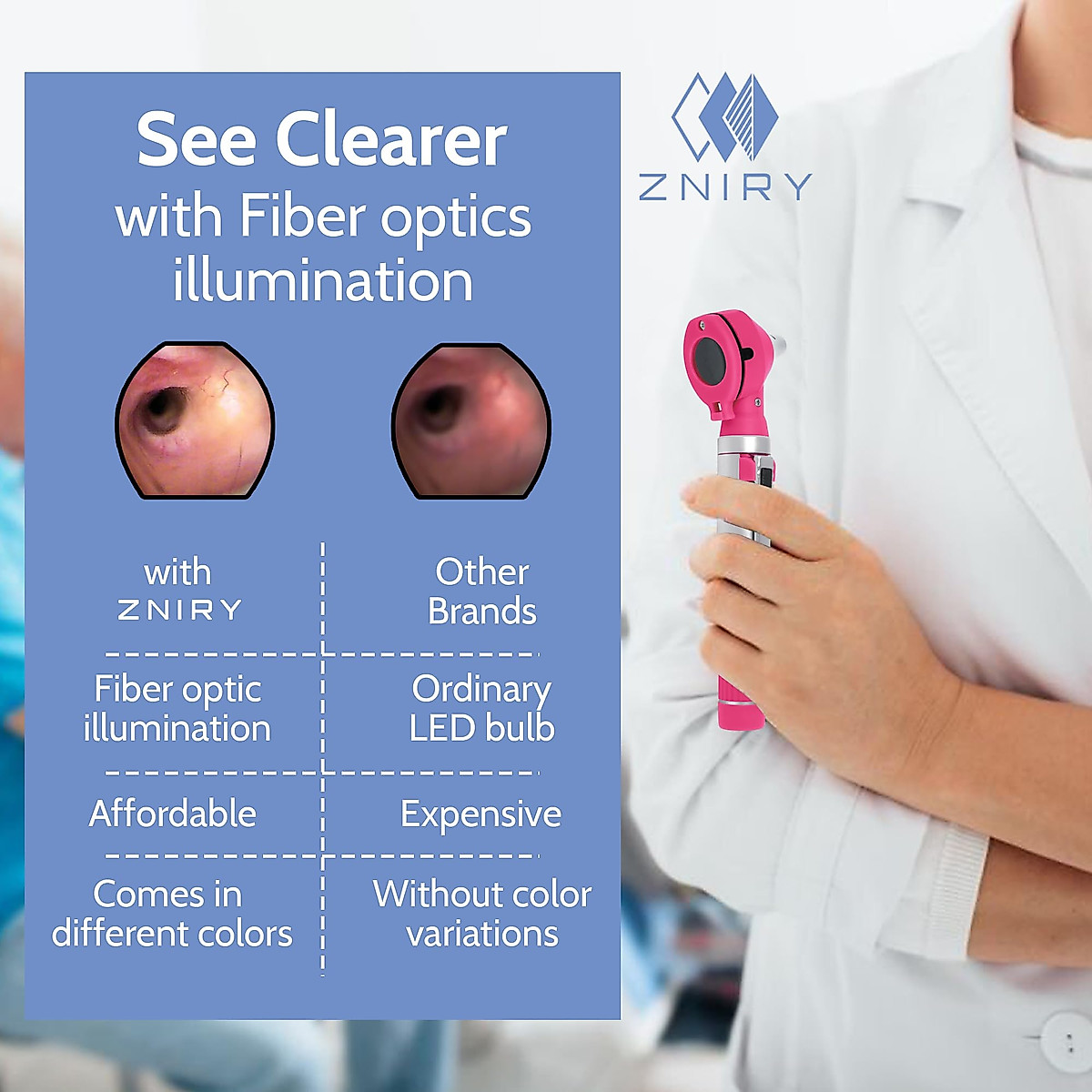 Zniry Fiber Optic Mini Otoscope - Ear Scope with Light, Ear Infection Detector (Pink Color) Reguler