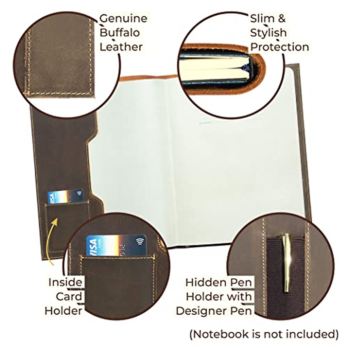 Leather Refillable Journal Cover for Men and Women, Handmade Gift Set for Moleskine Cahier XL with Stylish Pen and Card Holder, Vintage and Classic, Notebook, Sketchbook, Planner and Diary (10.5x16.4")